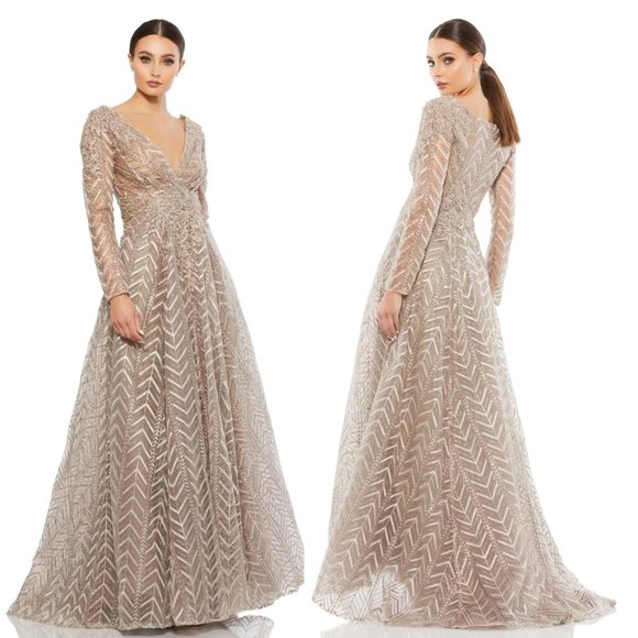 Mac Duggal | Dresses | Mac Duggal Embellished Illusion Long Sleeve Wrap Over A Line Gown 289 ...